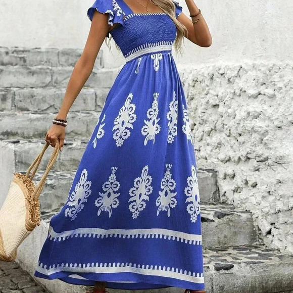 Dresses | Royal Blue Boho Womens Vintage Style Printed Square Neckline ...